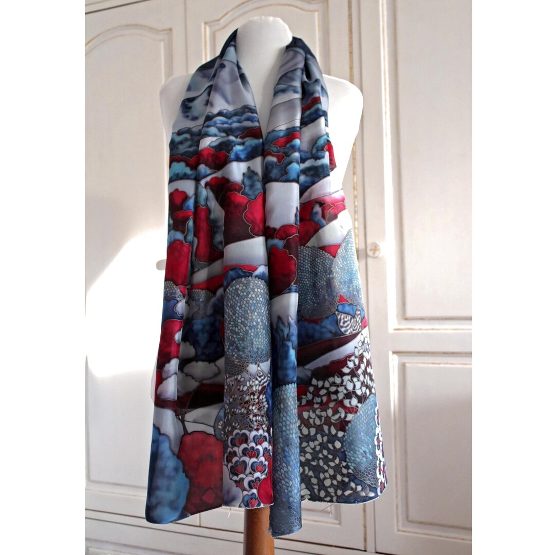 Dark Deep Blue Red 100% Silk Scarf, Hand Painted Landscape Design, Long ...
