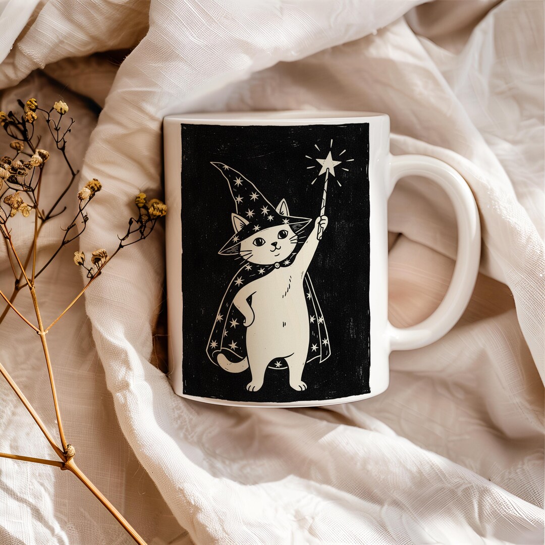 Cute Cat Wizard Mug, Magic Cat Coffee Cup, Whimsical Wizard Art, Gift ...