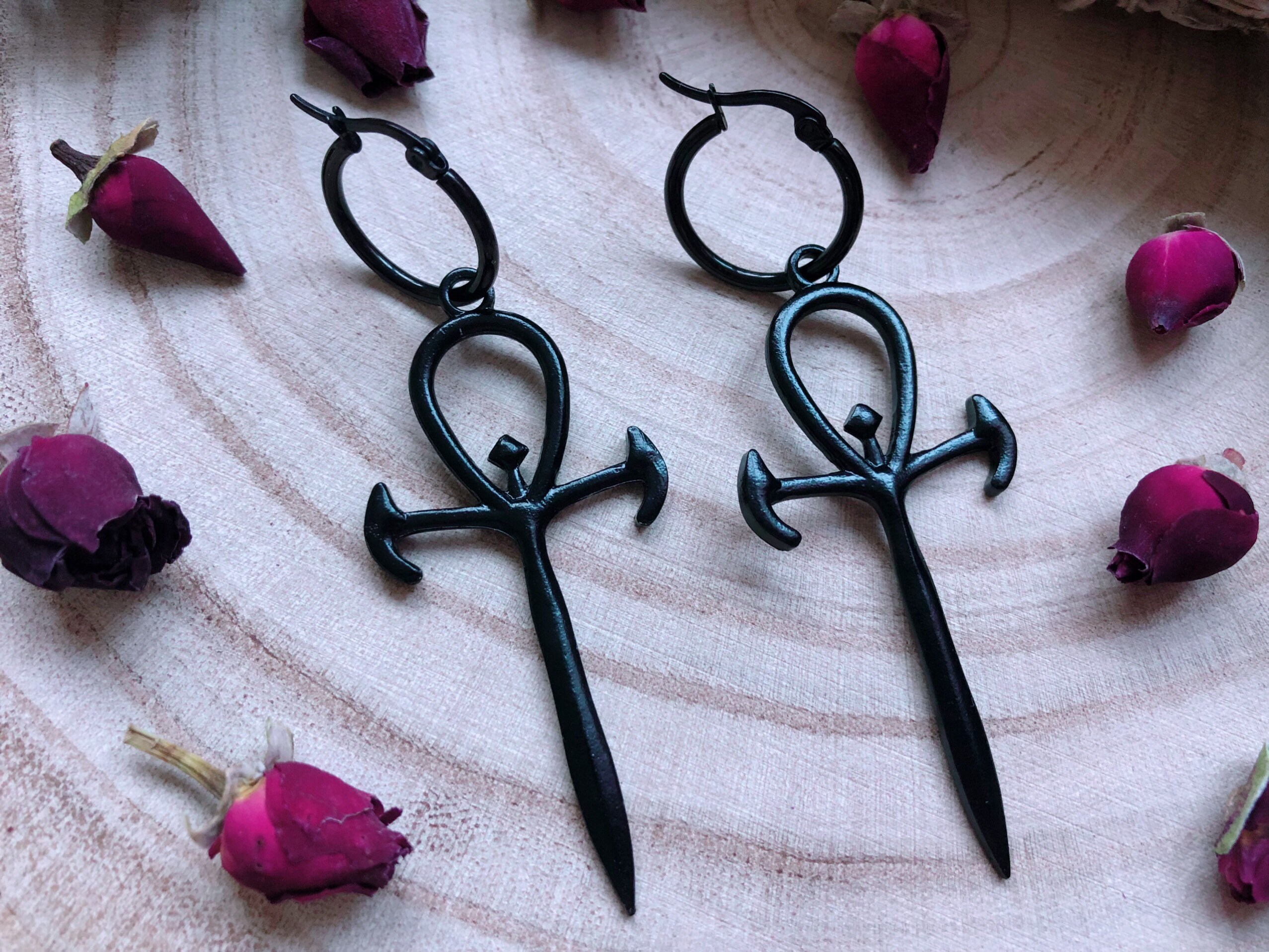 Gothic Black Ankh of the Underworld Hoop Earrings, Gothic Jewellery ...