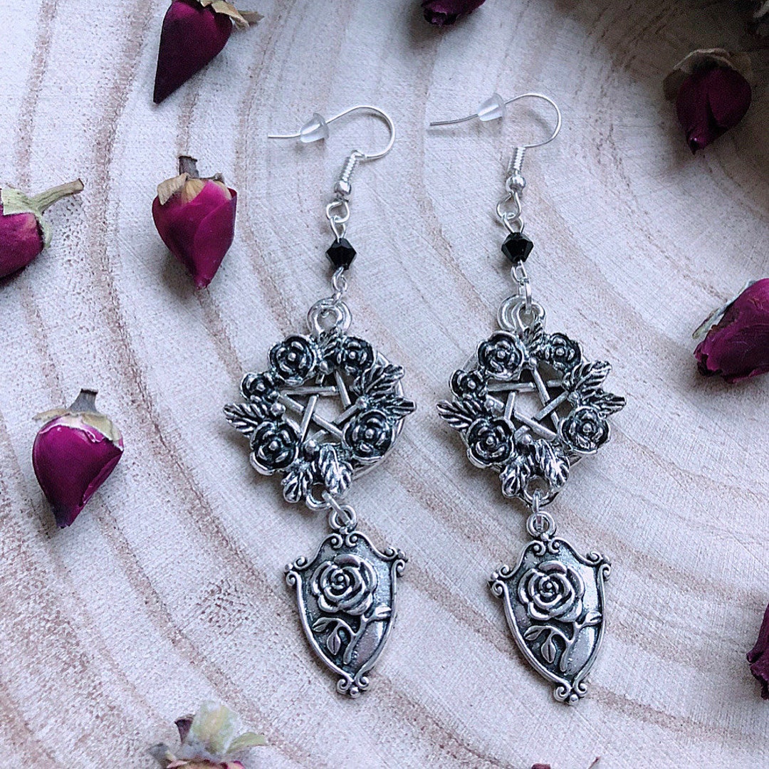 Gothic Pentagram Shield Earrings: Rose Wreath, Witchy Jewelry - Etsy