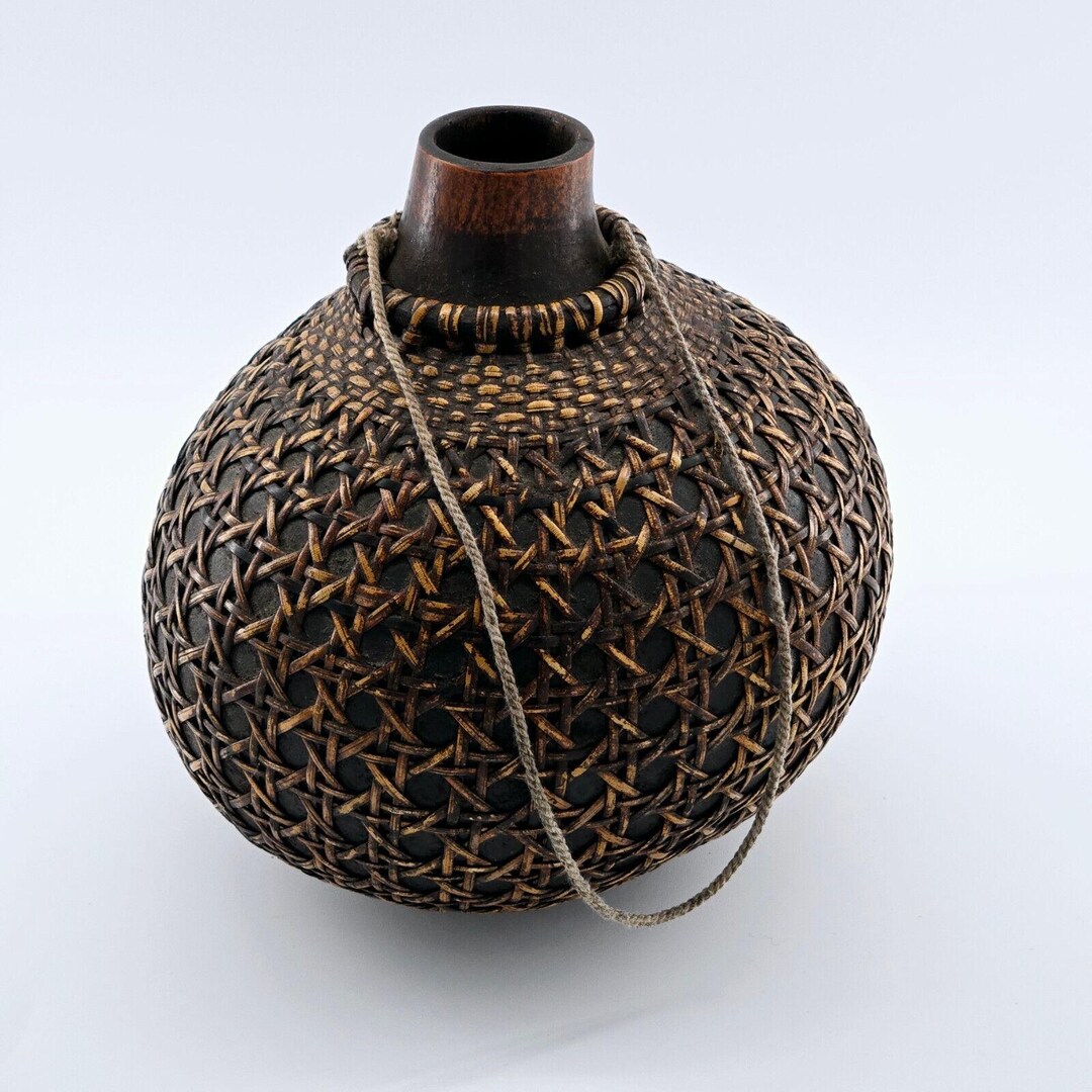 Vintage Handcrafted Woven Gourd Vessel With Intricate Basketry Design ...