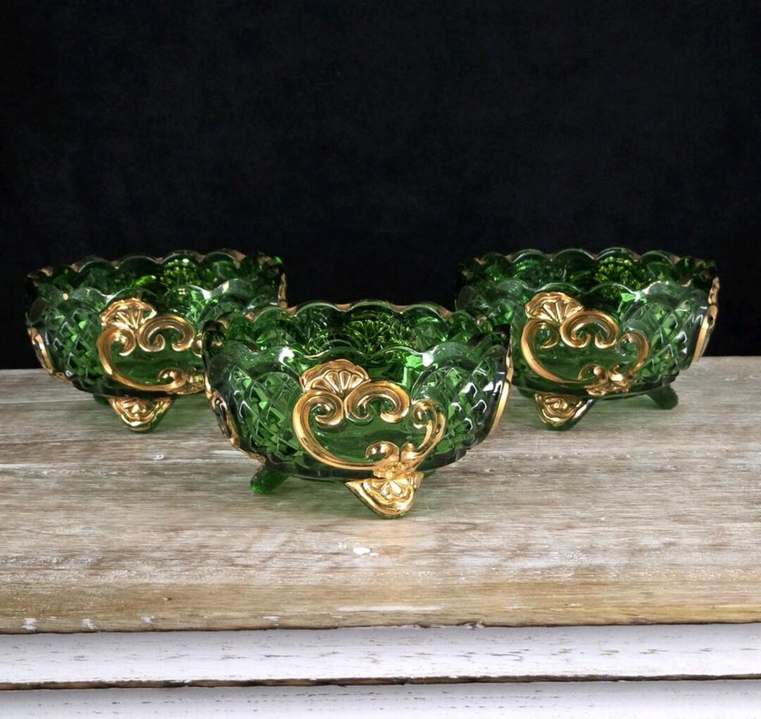 Set of 3 Antique Croesus Glass Bowls, Emerald Green With Gold Trim ...