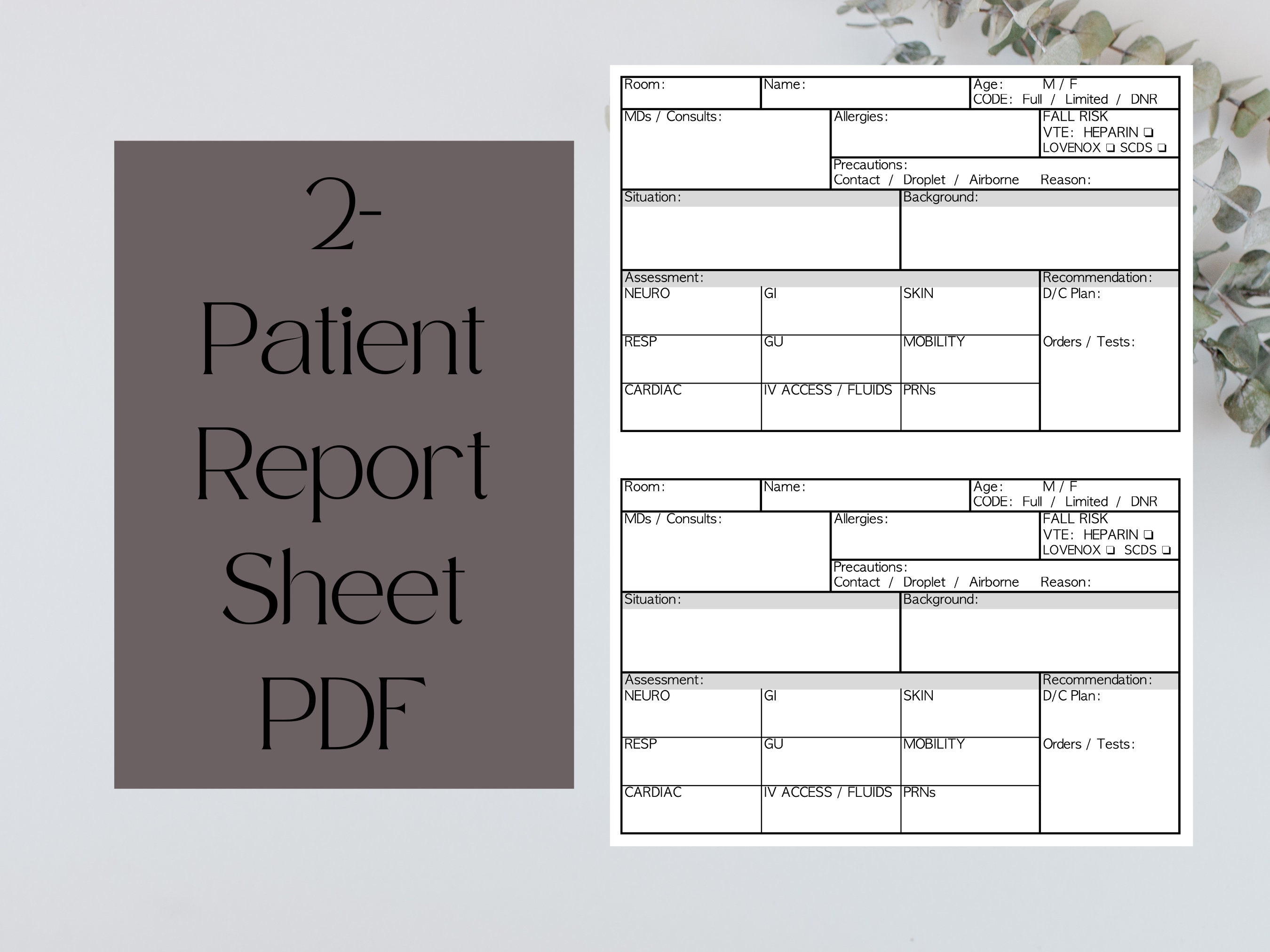Two Patient Med-surg Report Sheet • SBAR • Patient Handoff • Printable ...