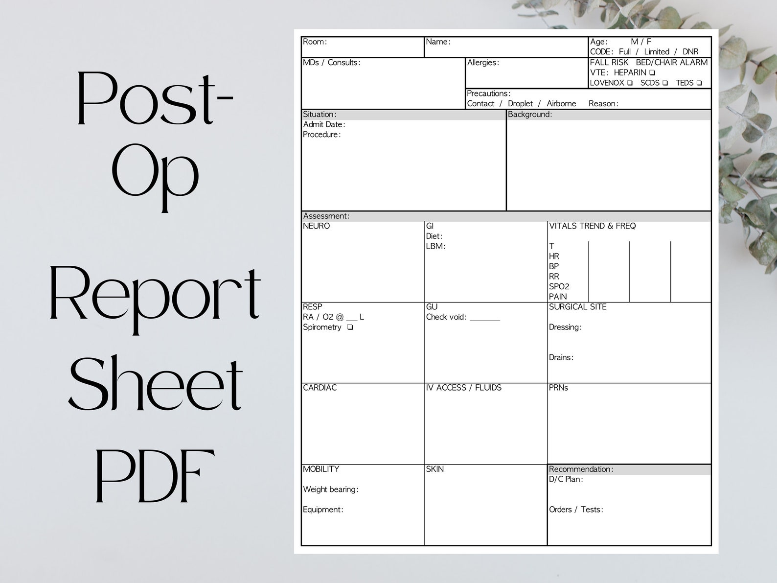 Post Op Nurse Report Sheet SBAR Patient Handoff Printable Template PDF Brain Sheet RN New Grad ...