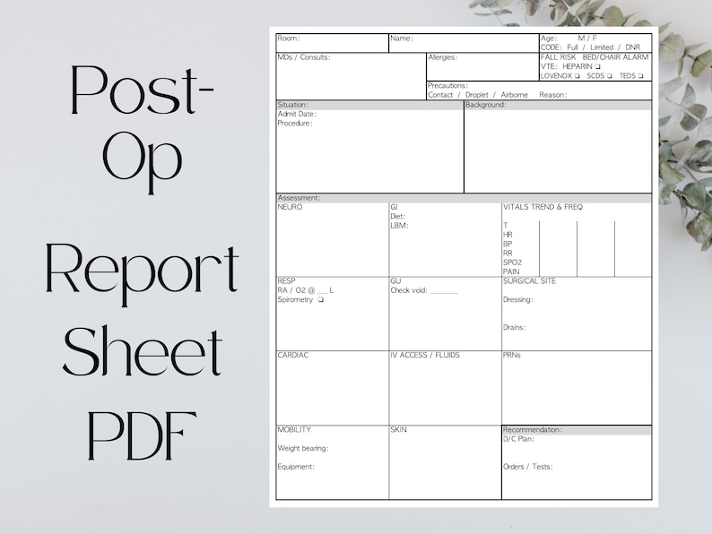 Post Op Nurse Report Sheet SBAR Patient Handoff Printable Template PDF ...