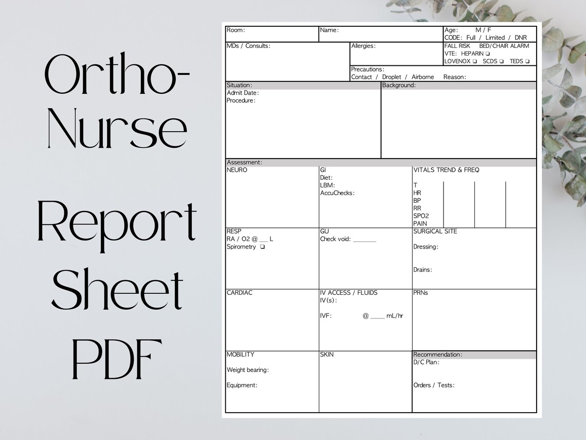 Ortho Nurse Report Sheet SBAR Patient Handoff Printable - Etsy Ortho Nurse Report Sheet SBAR Patient Handoff Printable - Etsy