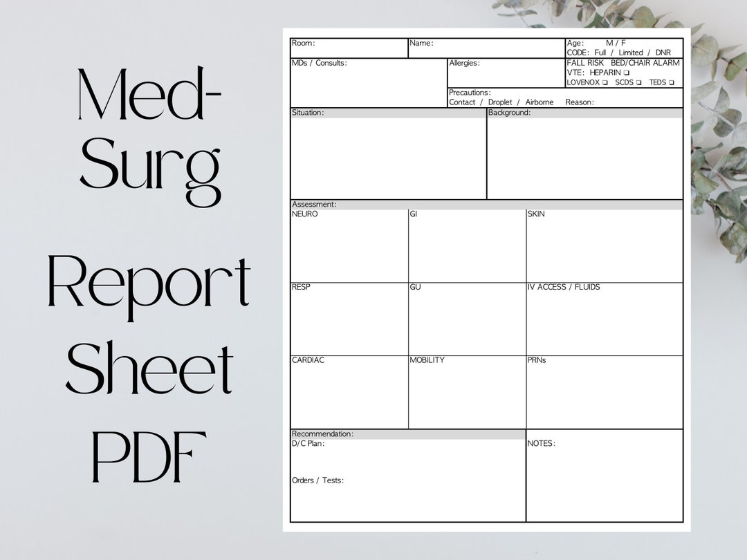 Med Surg Nurse Report Sheet SBAR Patient Handoff Printable Template PDF ...