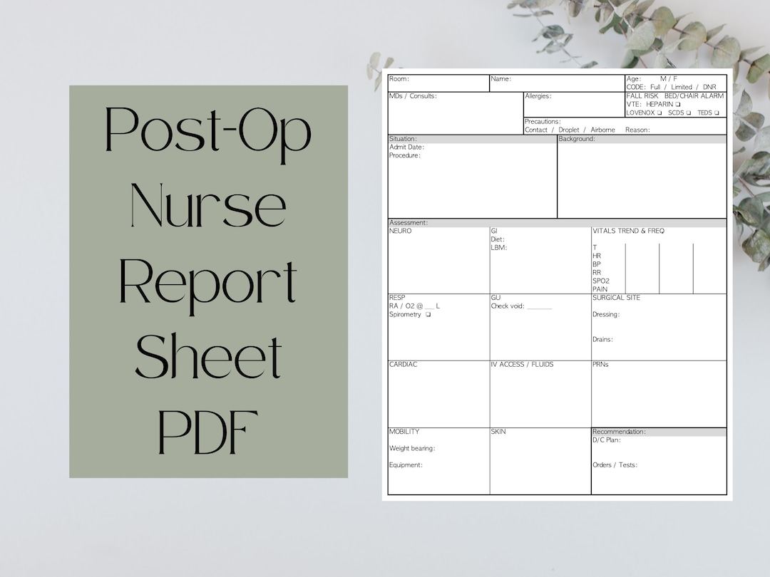 Post Op Nurse Report Sheet • SBAR • Patient Handoff • Printable ...