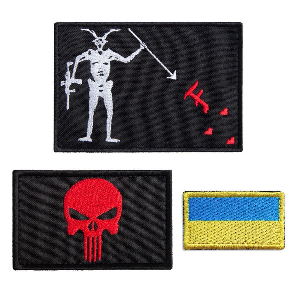 Set of 3 Patches With Velcro: Pirate Blackbeard, Ukrainian Flag, and Punisher Skull, Embroidered ...