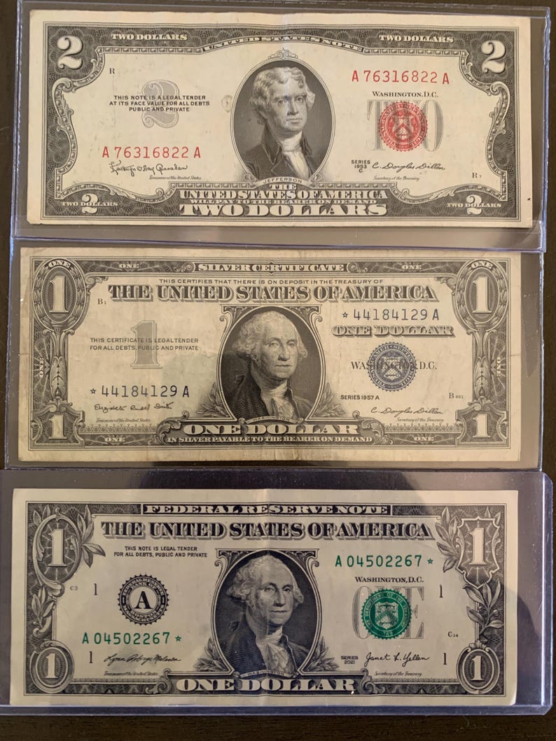 American Currency Set: 1953 Red Seal, 1957 Star Note Silver Certificate ...