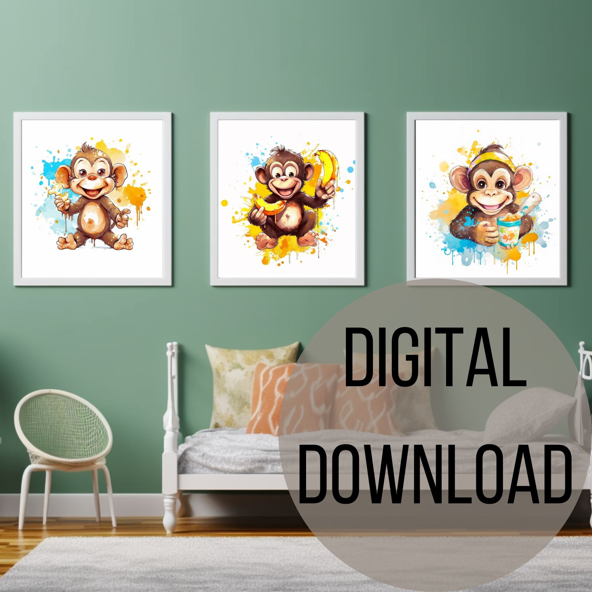 Baby Monkeys Wall Art 3 Images for Kids Room Nursery - Instant Download ...