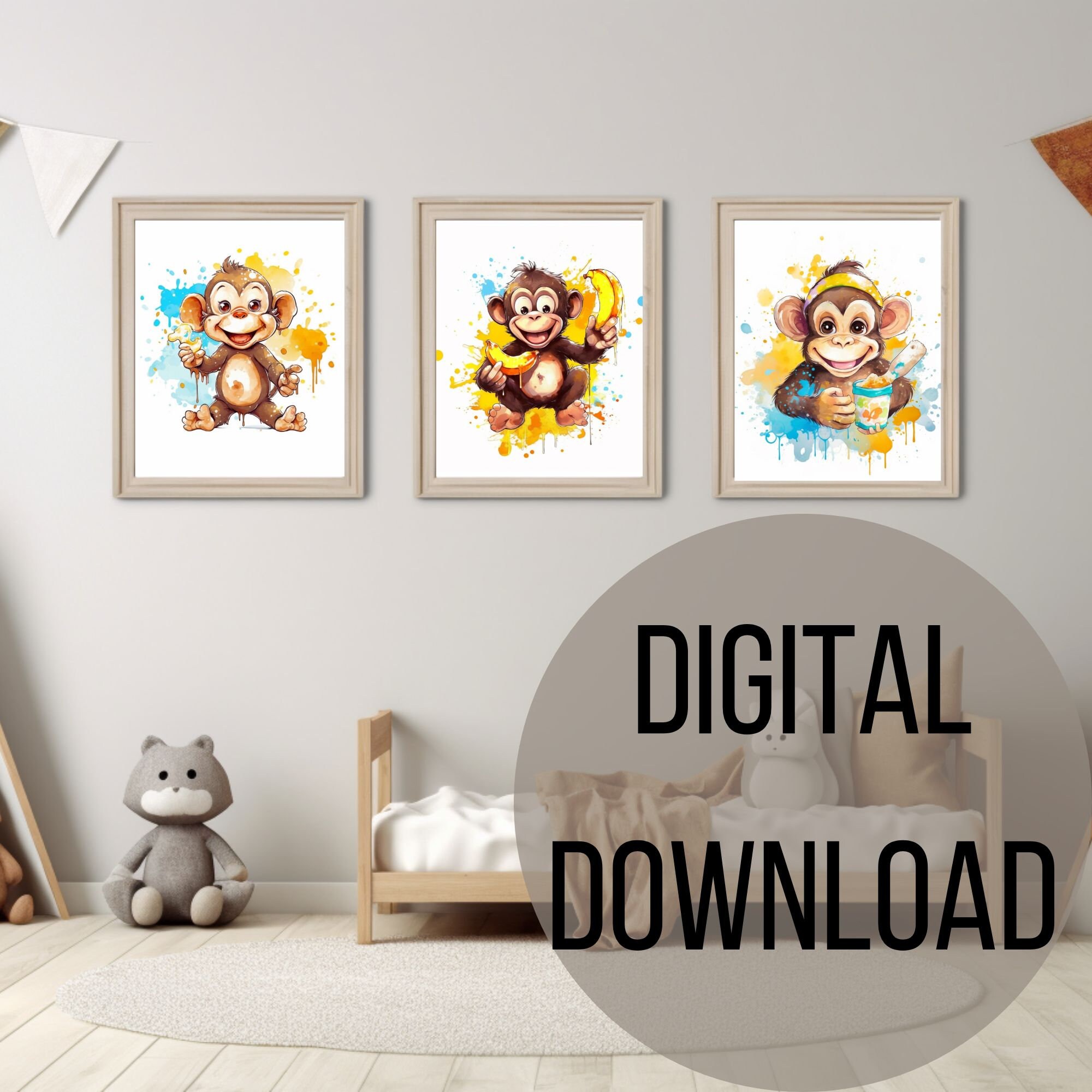 Baby Monkeys Wall Art 3 Images for Kids Room Nursery - Instant Download ...