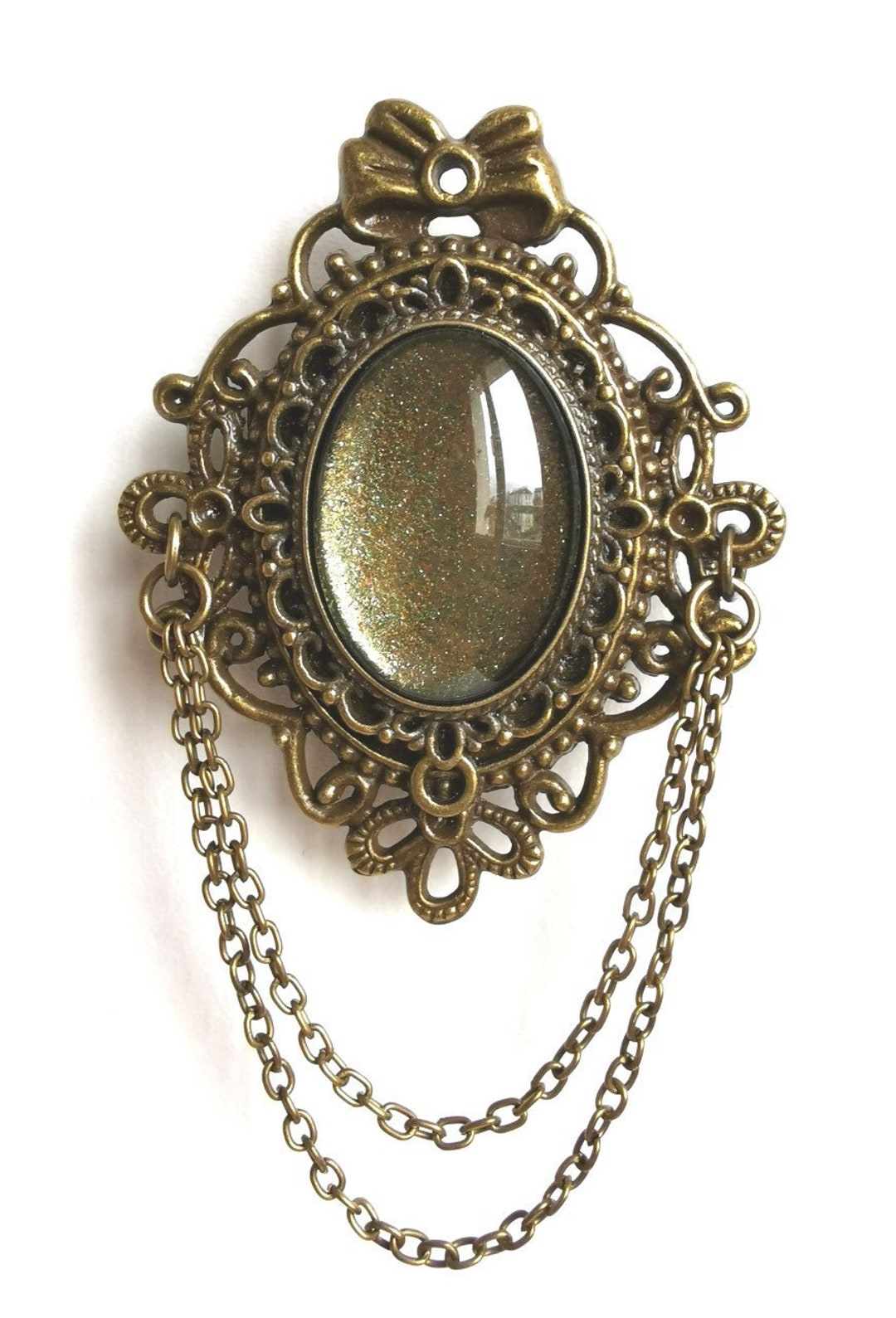 Oval Medallion Brooch in Bronze Metal With Chains Glass - Etsy