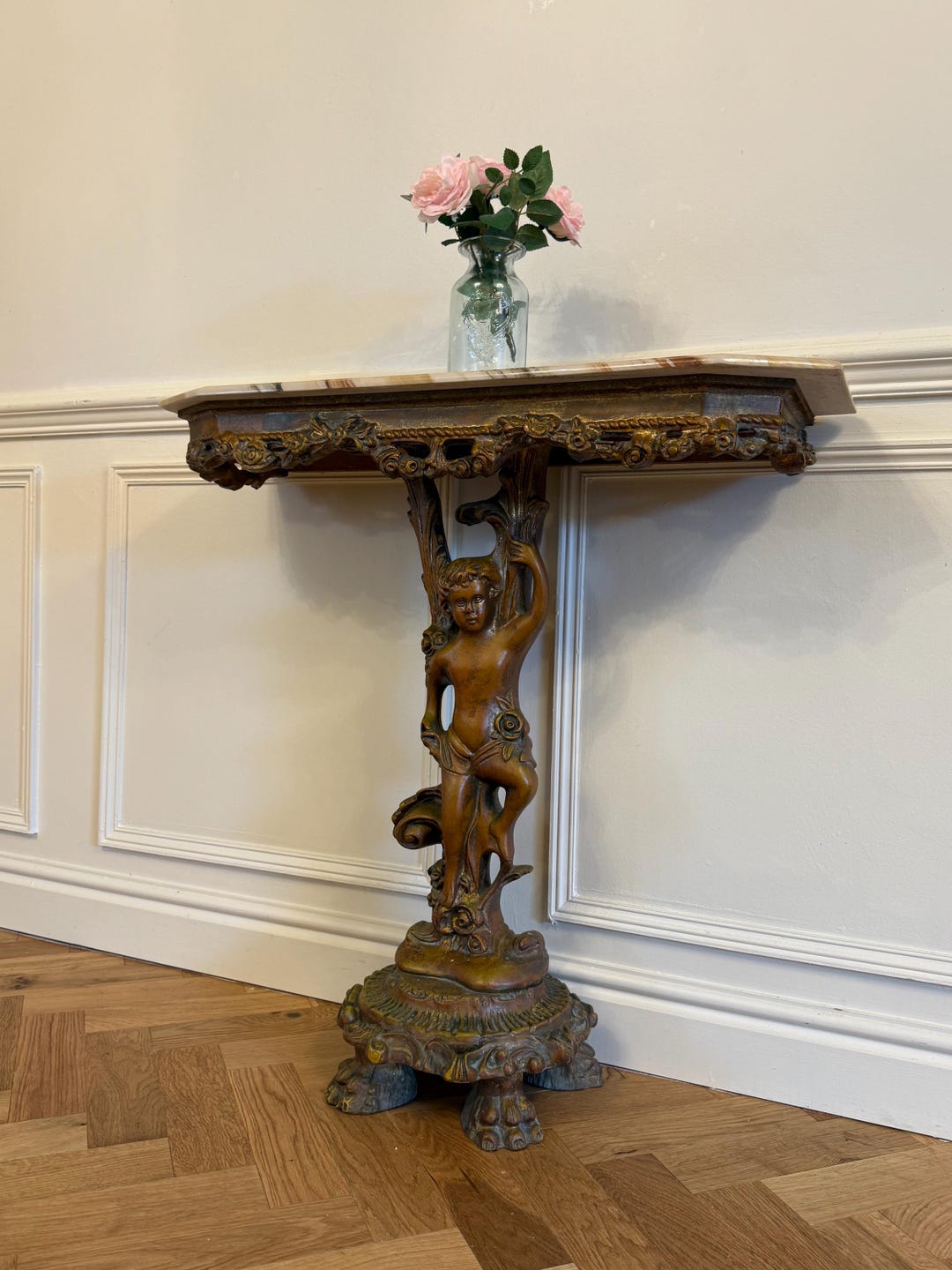 French Provincial Rococo Style Console Table – Putti Pedestal (1960s ...