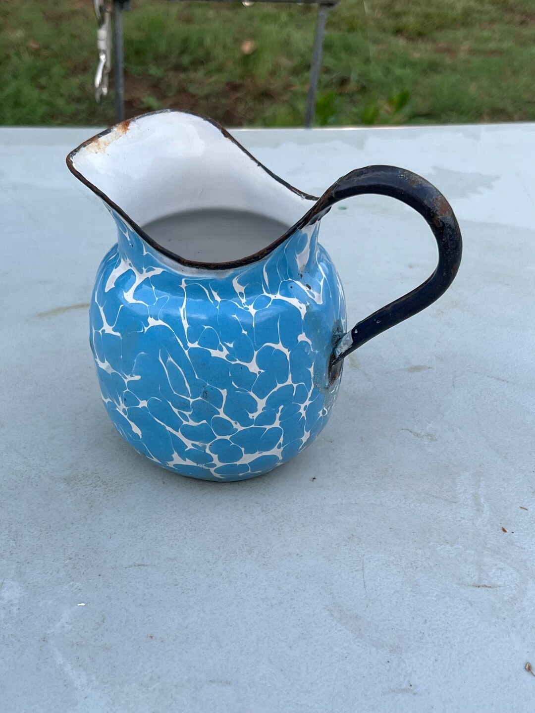 Blue and White Enamel Ware Pitcher - Etsy