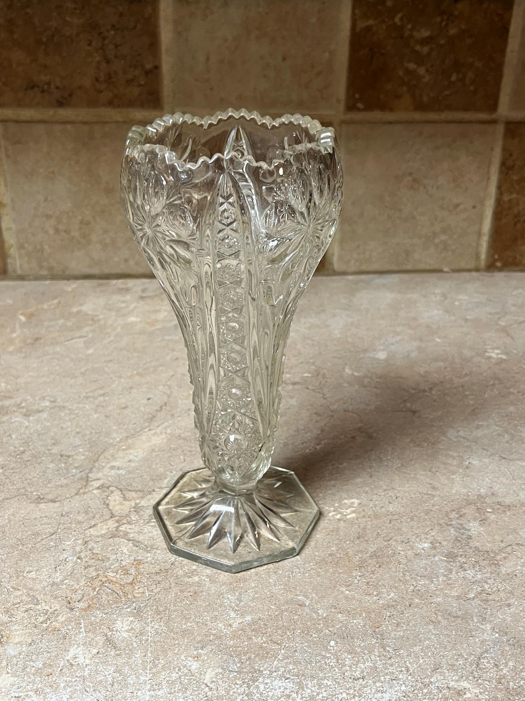 Heavy Cut Sawtooth Edge Hobstar Pinwheel Flower Mid Century Glass Vase ...