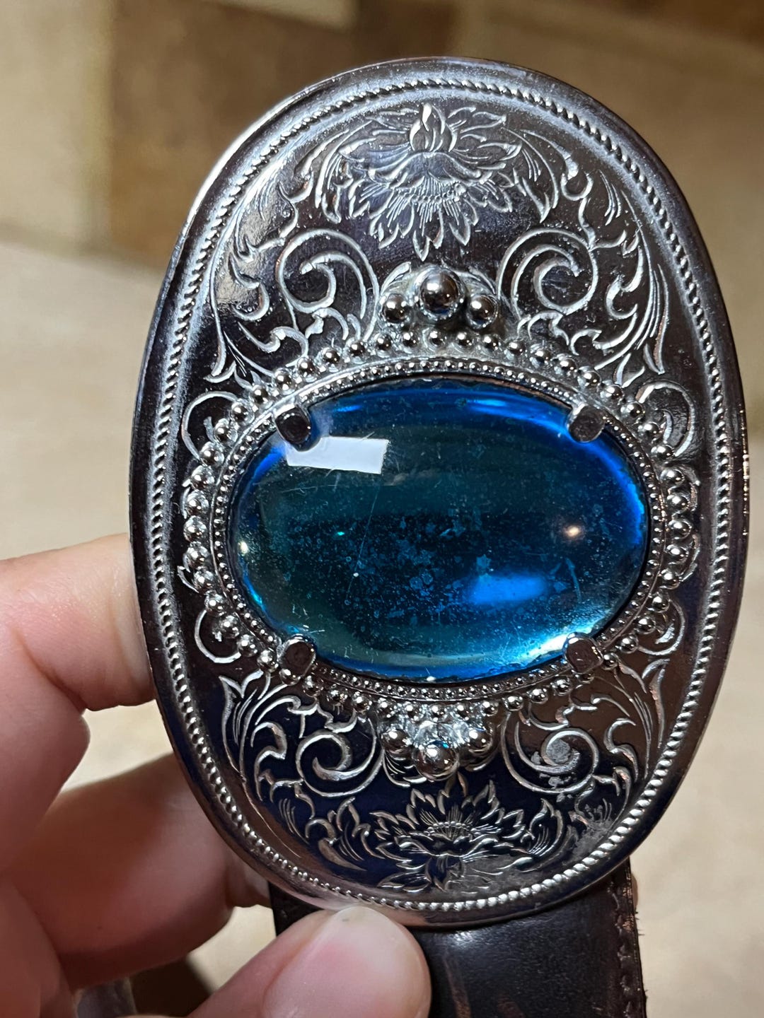 Oval Silver Tone Belt Buckle With Scroll Pattern and Blue Center ...