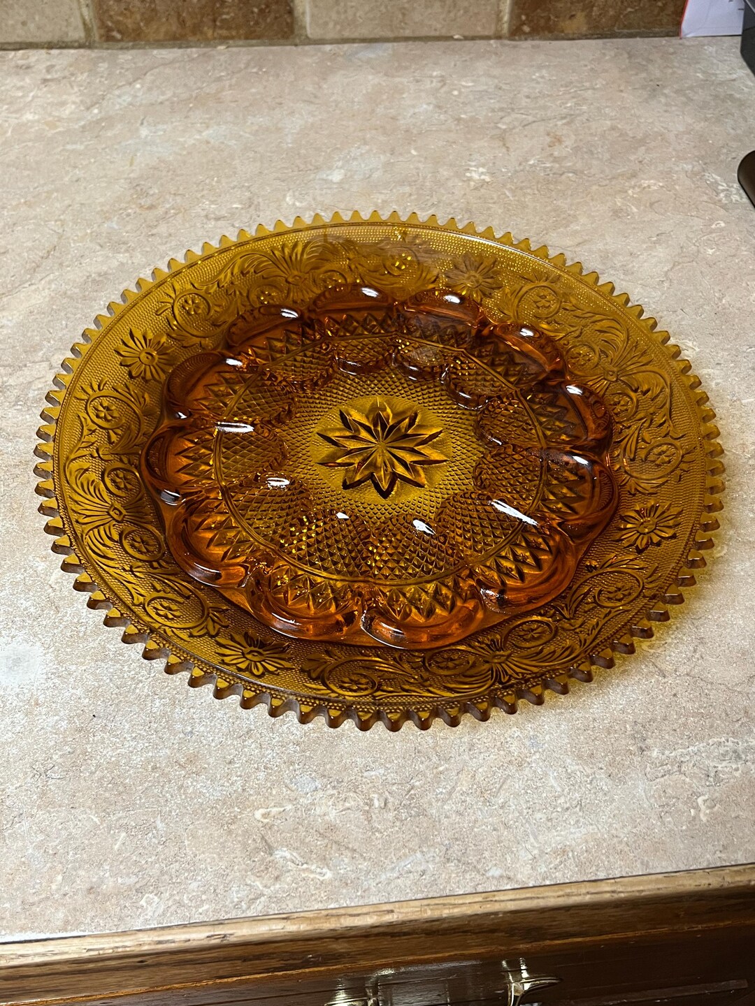 Tiara Indiana Amber Glass Sandwich Pattern Egg Platter With Sawtooth ...