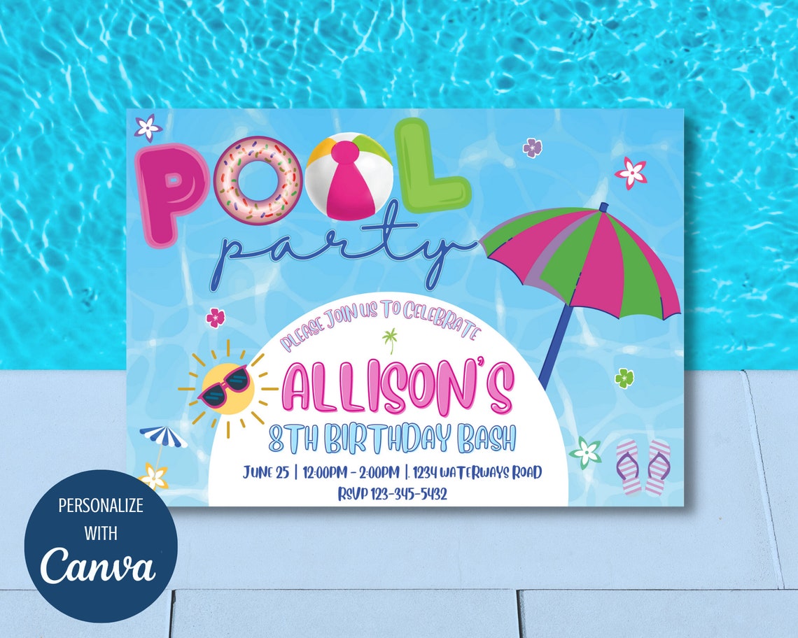 Kids Birthday Pool Party Printable Template Invitation - Etsy