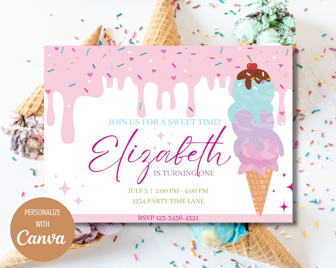 Sweet Ice Cream Party Birthday Invitation Template, Editable on Canva ...