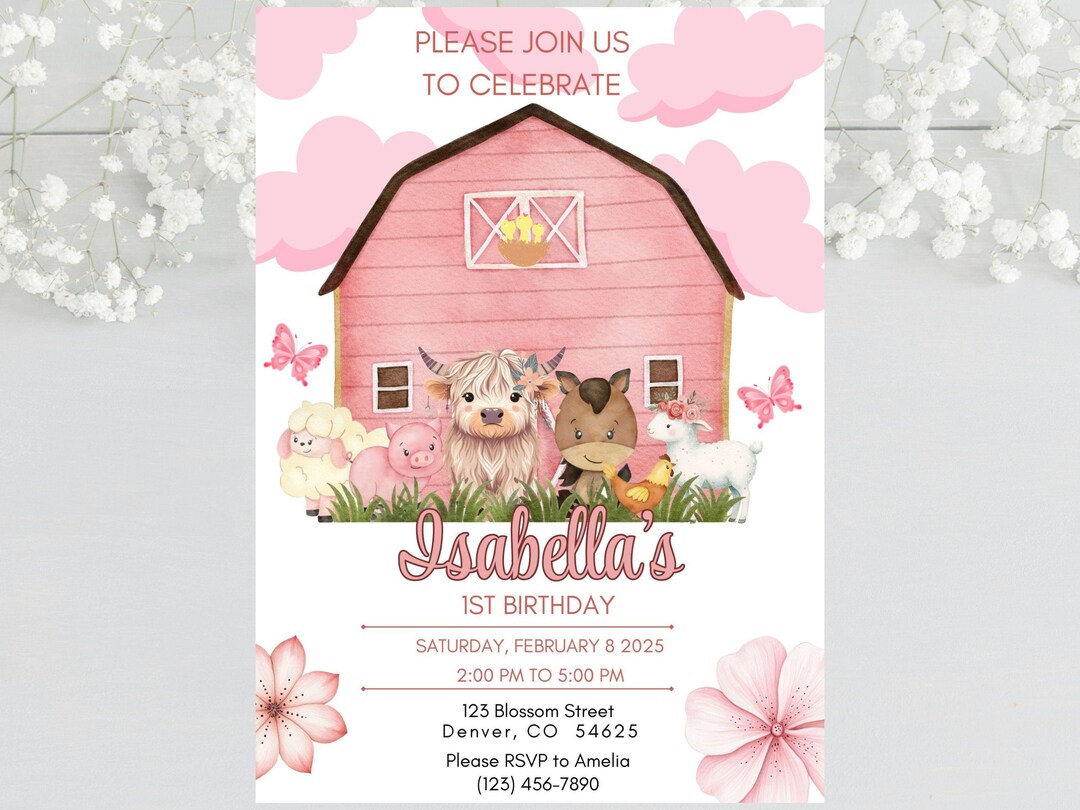 Pink Barn Birthday Invitation, Highland Cow Invitation, Girl Barnyard ...