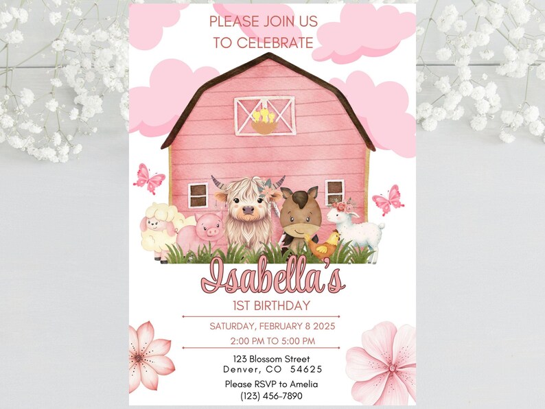 Pink Barn Birthday Invitation, Highland Cow Invitation, Girl Barnyard ...