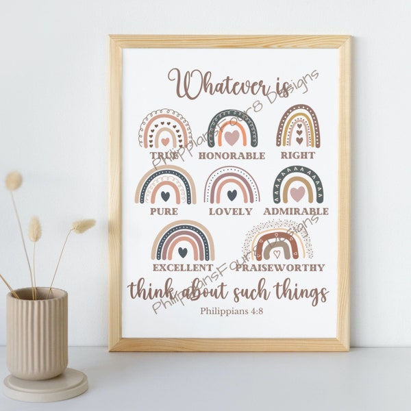 Philippians 4:8 Boho Rainbow Printable Poster Digital Download 8.5x11 ...