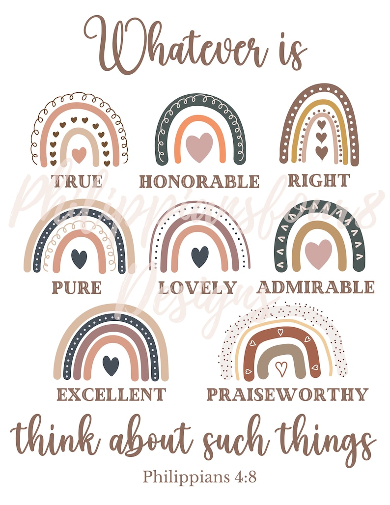 Philippians 4:8 Boho Rainbow Printable Poster Digital Download 8.5x11 ...