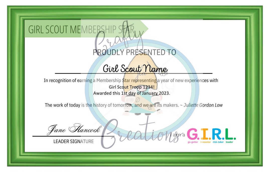 Girl Scout Membership Star Certificate | 2 per Page | Editable Template ...