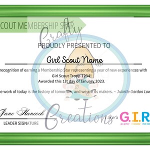 Girl Scout Membership Star Certificate | 2 per Page | Editable Template ...