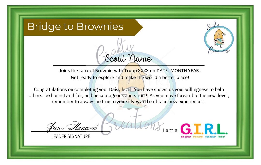 Girl Scout Bridge to Brownies Certificate | 2 per Page | Editable ...