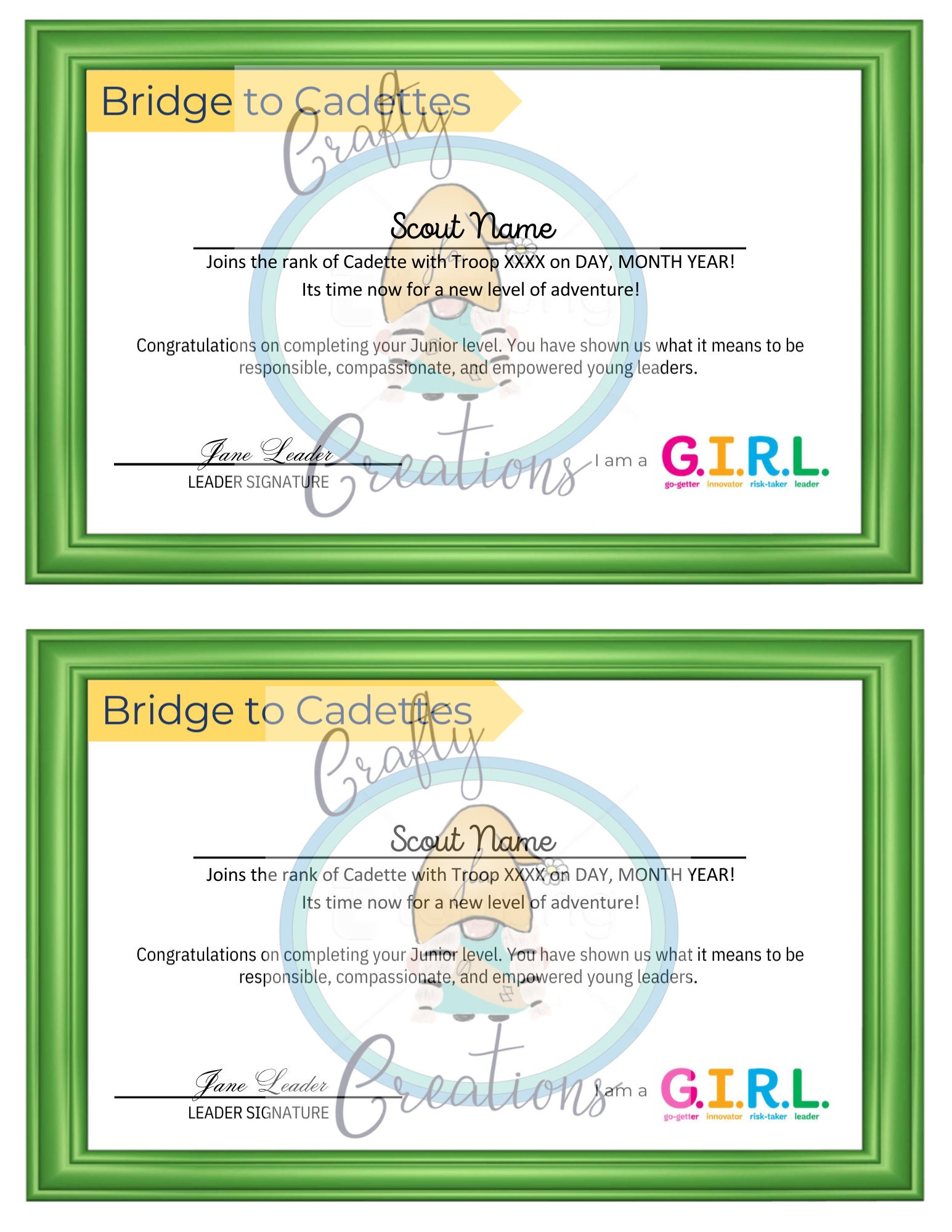 Girl Scout Bridge to Cadettes Certificate | 2 per Page | Editable ...