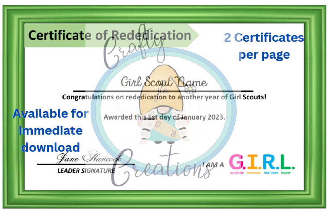 Girl Scout Certificate of Rededication 2 per Page Editable Template - Etsy