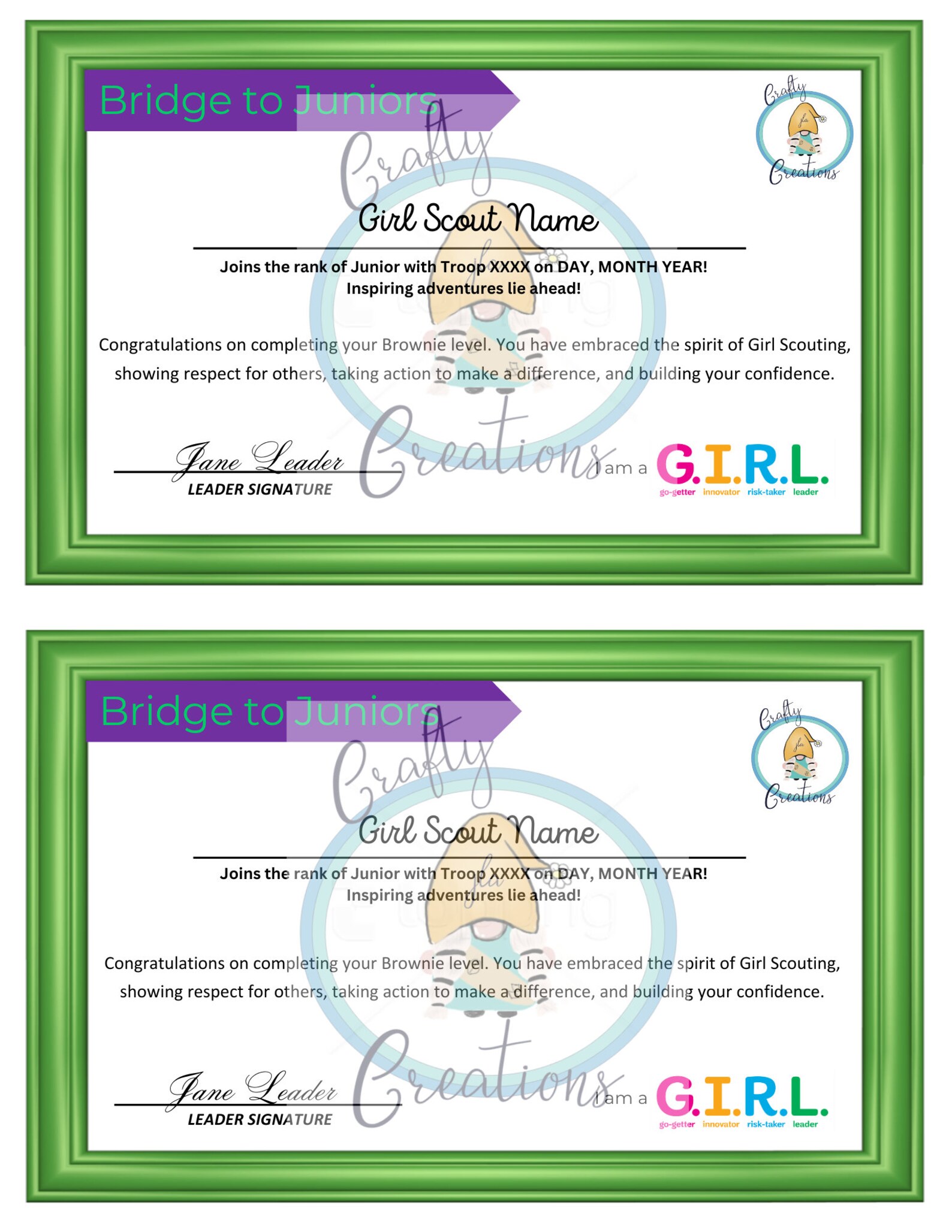 Girl Scout Bridge to Juniors Certificate | 2 per Page | Editable ...