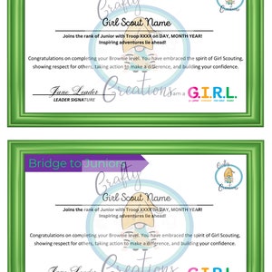 Girl Scout Bridge to Juniors Certificate | 2 per Page | Editable ...