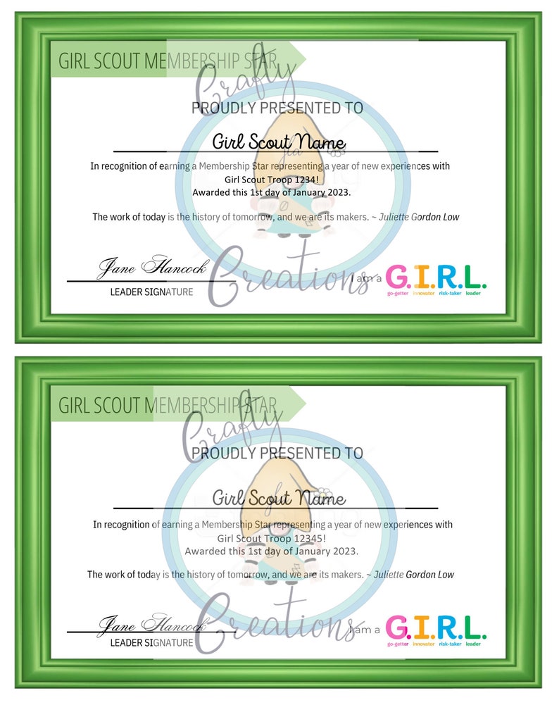 Girl Scout Membership Star Certificate | 2 per Page | Editable Template ...
