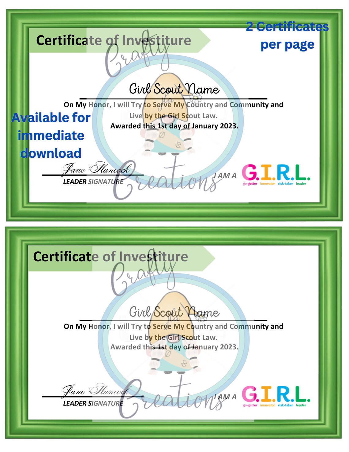 Girl Scout Certificate of Rededication 2 per Page Editable Template - Etsy