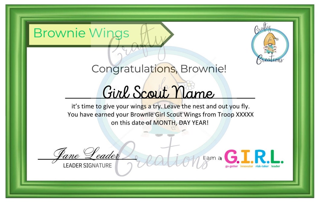 Girl Scout Brownies Wings Certificate | 2 per Page | Editable Template ...