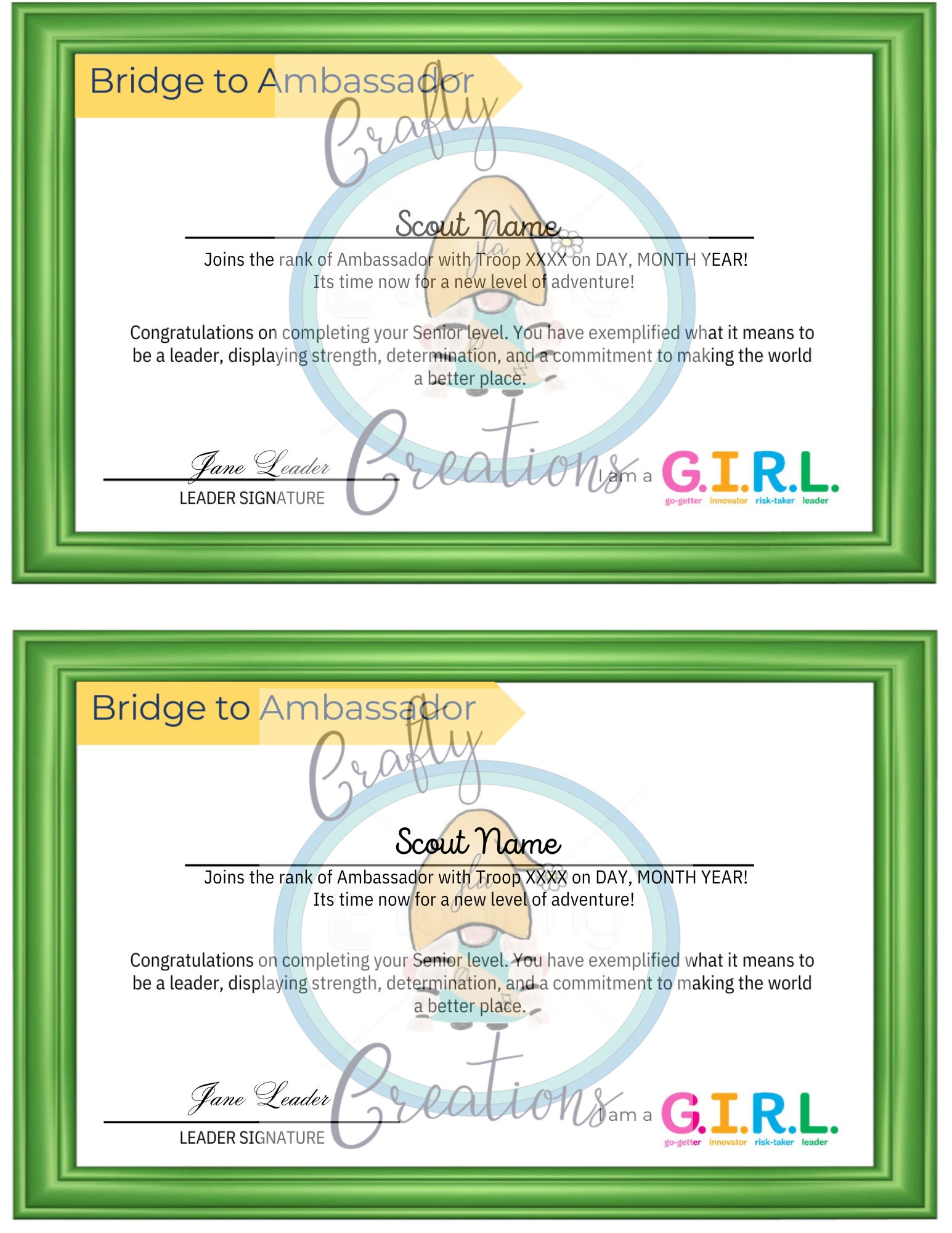 Girl Scout Bridge to Ambassador Certificate | 2 per Page | Editable ...