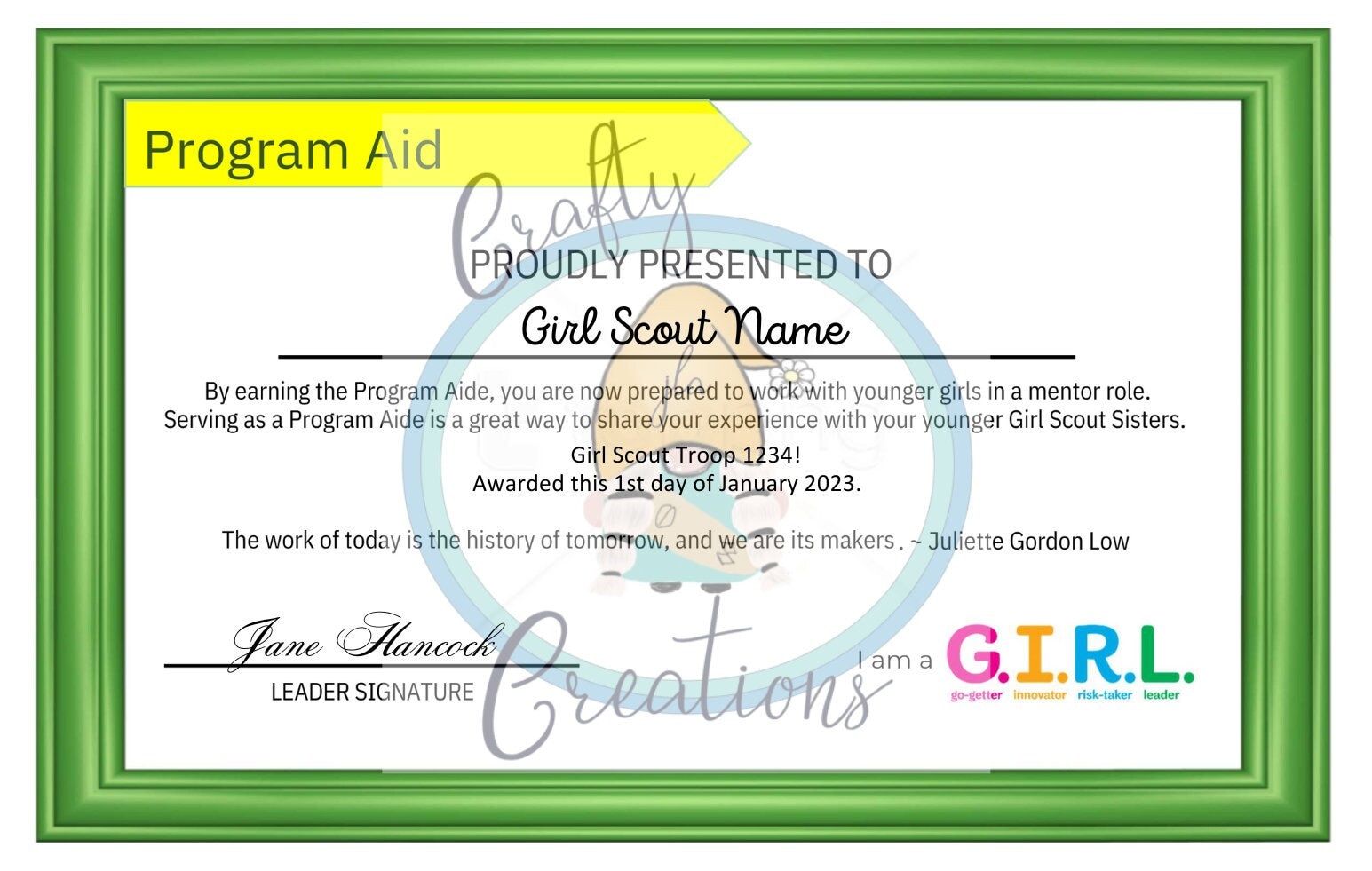 Girl Scout Program Aide Certificate | 2 per Page | Editable Template ...