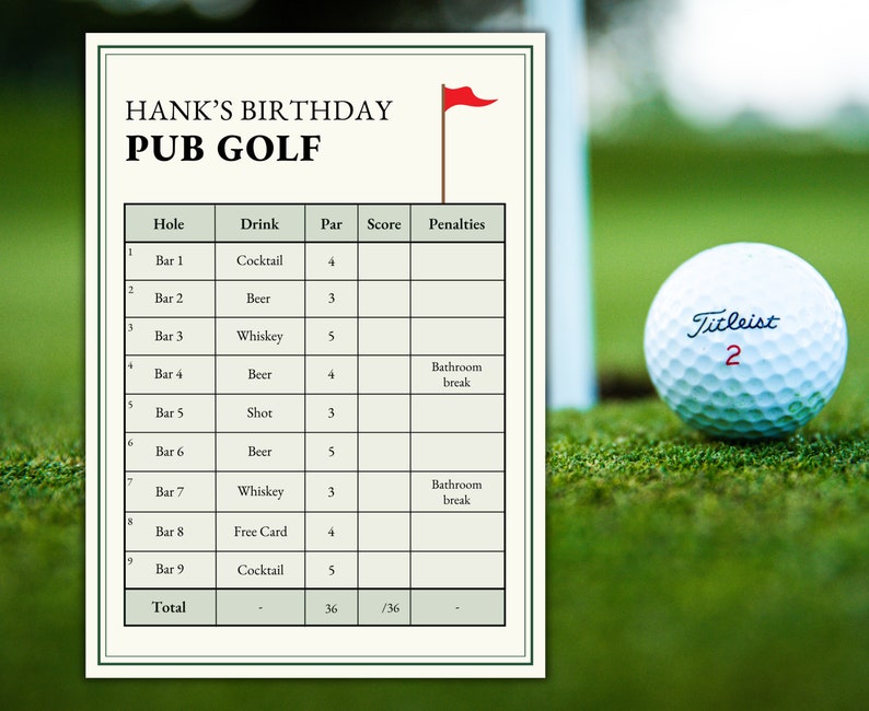 Classic-golf Style Pub Golf Scorecard Printable Template, Bachelor ...