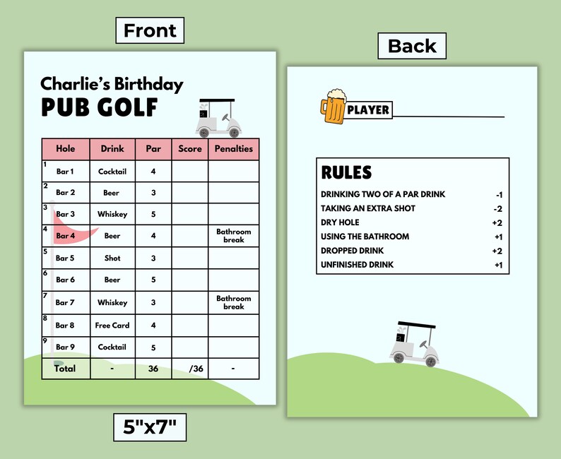Pub Golf Scorecard Customizable Template, Bachelor Party, Birthday ...