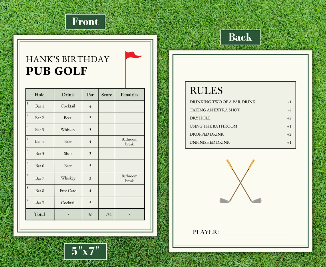 Classic-golf Style Pub Golf Scorecard Printable Template, Bachelor ...