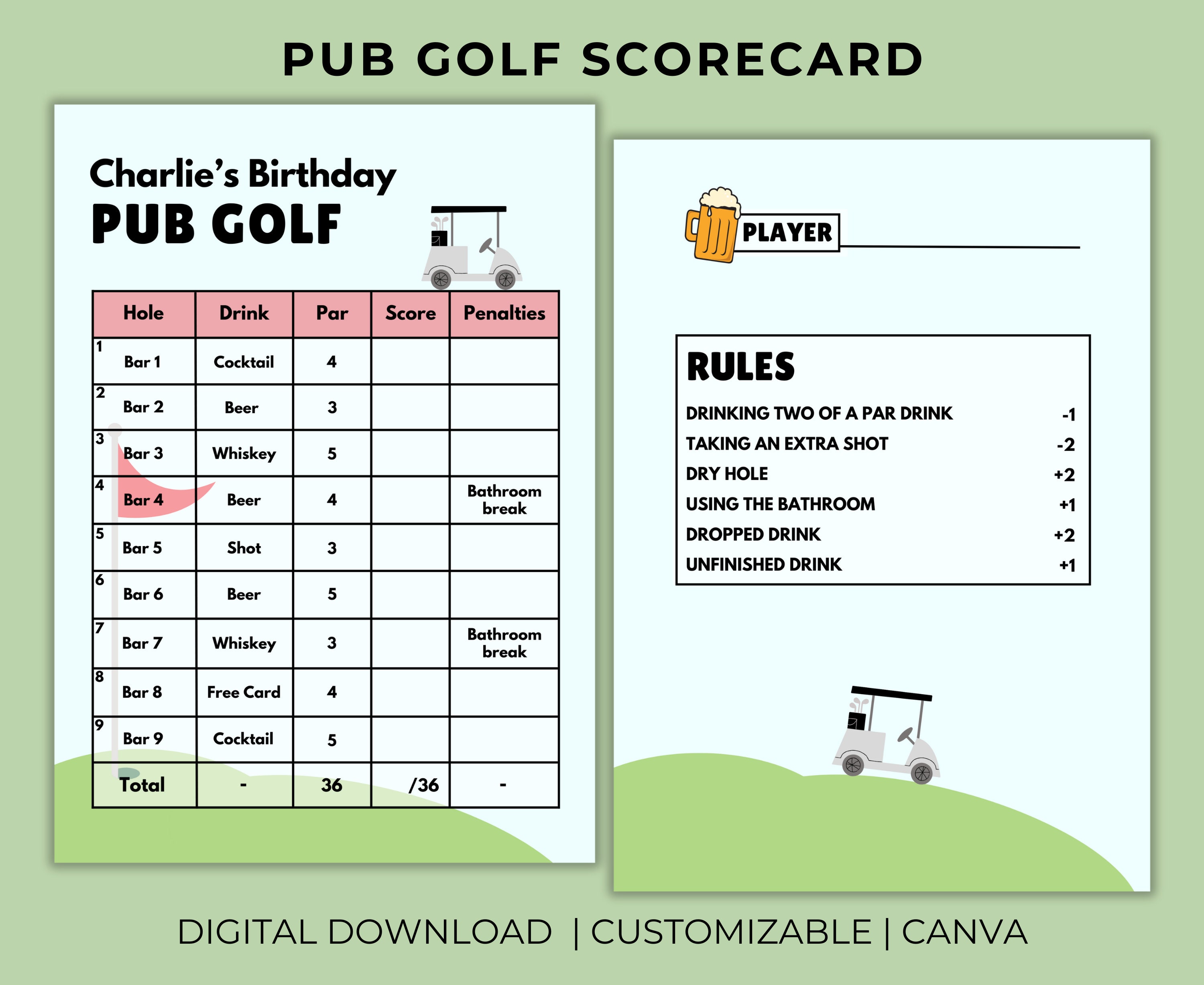 Pub Golf Scorecard Customizable Template, Bachelor Party, Birthday ...