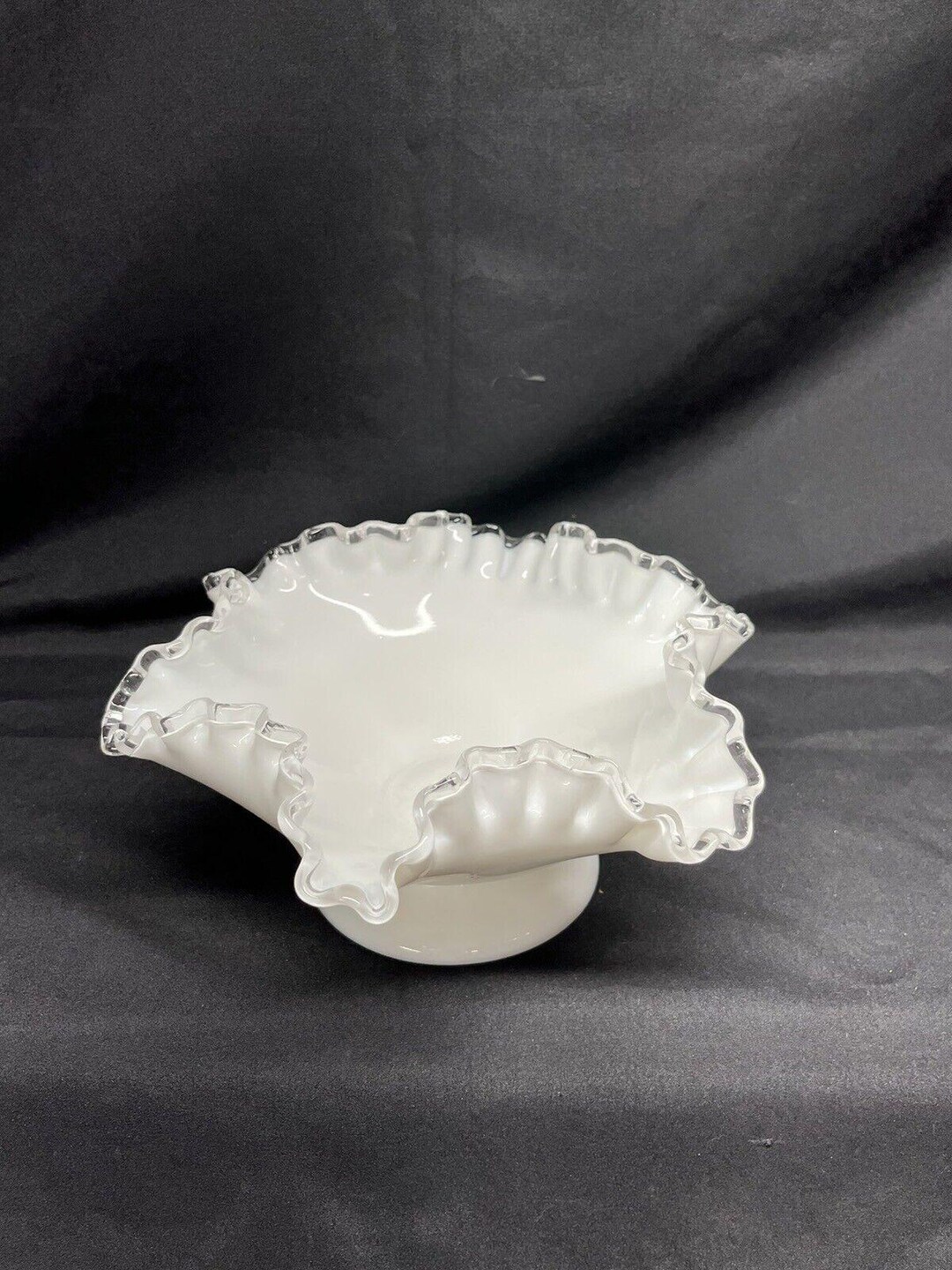 Vintage Fenton Silver Crest Milk Glass 8” Footed Ruffled Edge Bowl Pre ...