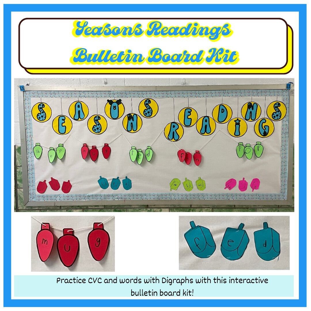 Holiday Reading Spelling Bulletin Board Kit- Seasons Readings! B&W or ...