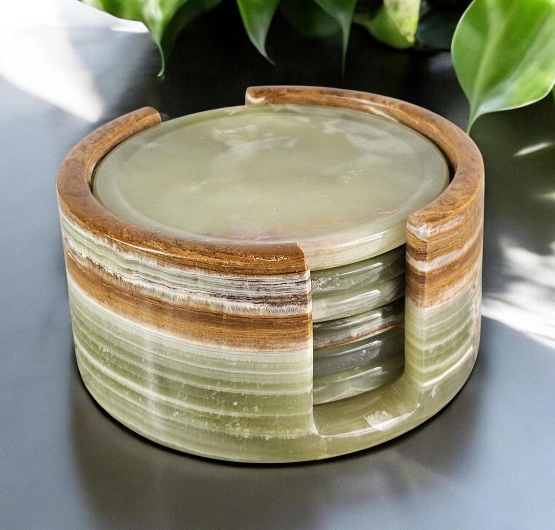Onyx Coasters Set With Holder, Handmade 3.5 Inch Marble Coasters, Green Onyx Stone Tea Coasters ...