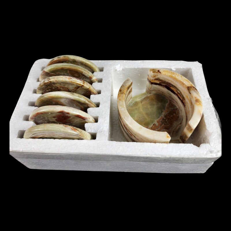 Marble Coasters 6 Piece Set With Holder Padded Bottom Round and Elegant ...