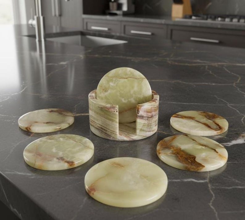Green Onyx Coasters Set of 6 With Holder | Heavy Natural Stone Drink ...