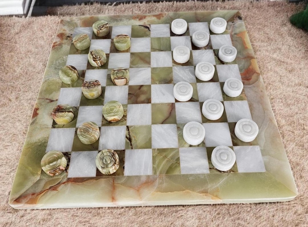 Onyx Green Checkers Set, Handmade Stone Checkers Game Set, Checkers ...